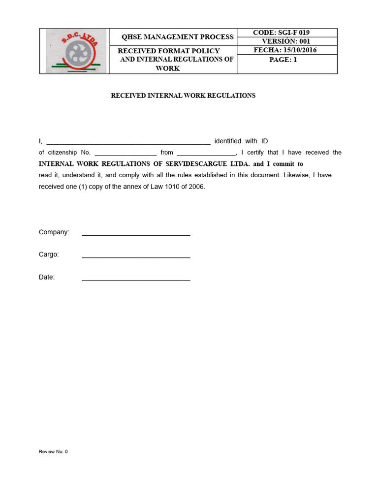 Received Format of Internal Work Policy and Regulations | PDF