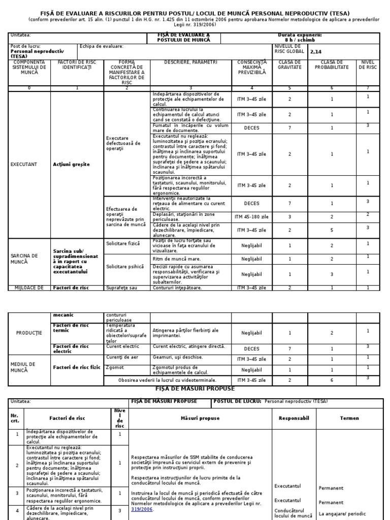 Fisa de Evaluare Riscuri - Personal TESA | PDF