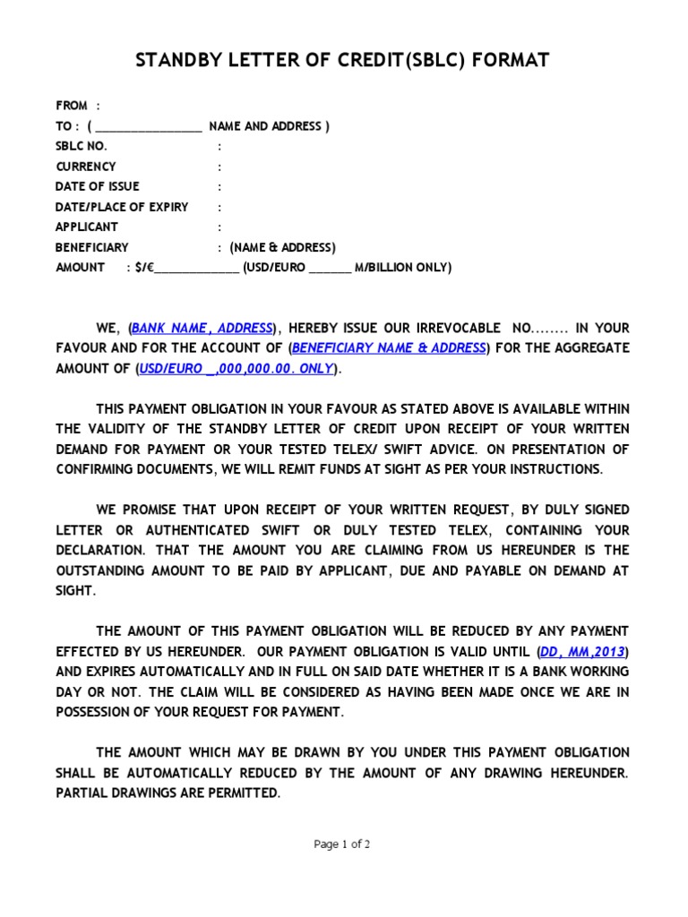 14 SBLC Format - Uns | PDF | Letter Of Credit | Banks