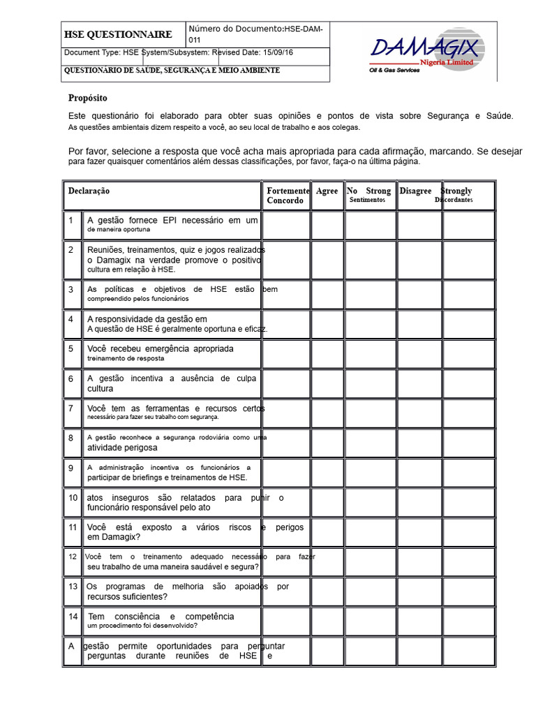 Questionário de Saúde e Segurança HSE | PDF