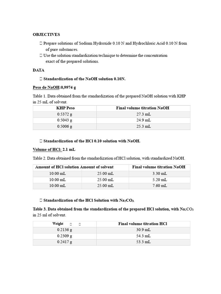 Standardization of NaOH and HCl Solutions | PDF | Sodium Hydroxide ...