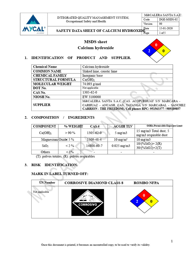 DGE-MSDS-02 MSDS Sheet Calcium Hydroxide Ver 00 | PDF | Magnesium ...