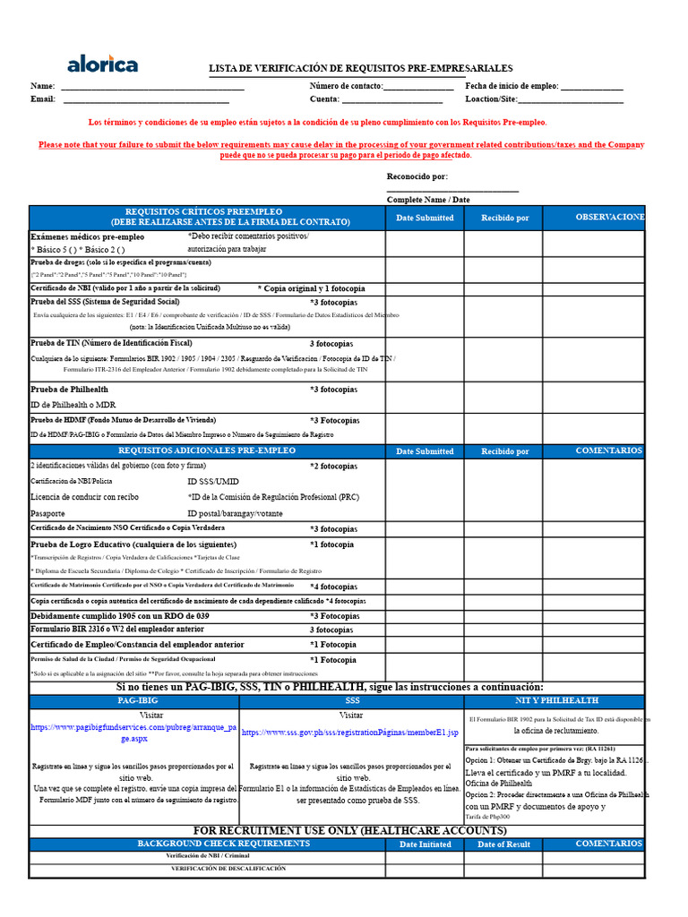 Lista de Verificación de Preempleo de Alorica Julio 2021 | PDF | Certificado de nacimiento ...