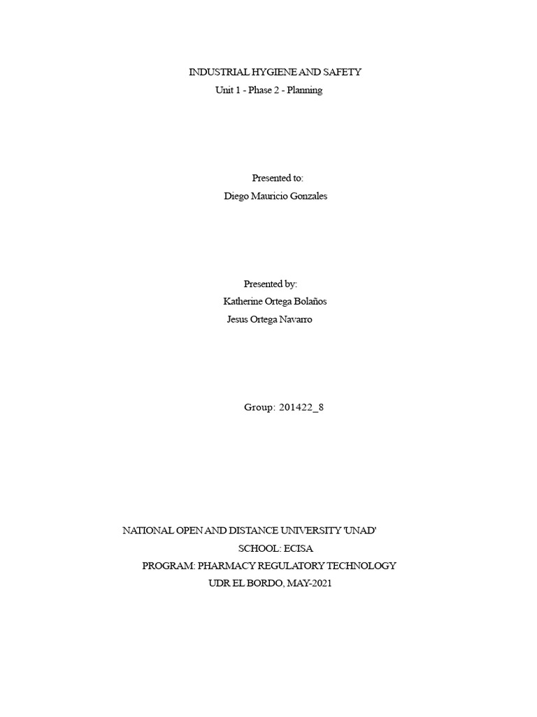 Industrial Hygiene and Safety Unit 1 - Phase 2 - Planning. | PDF ...