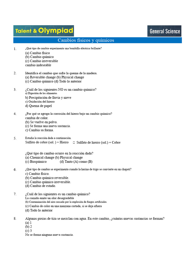 Cambios Físicos y Químicos - MCQ | PDF | Sustancias químicas | Agua