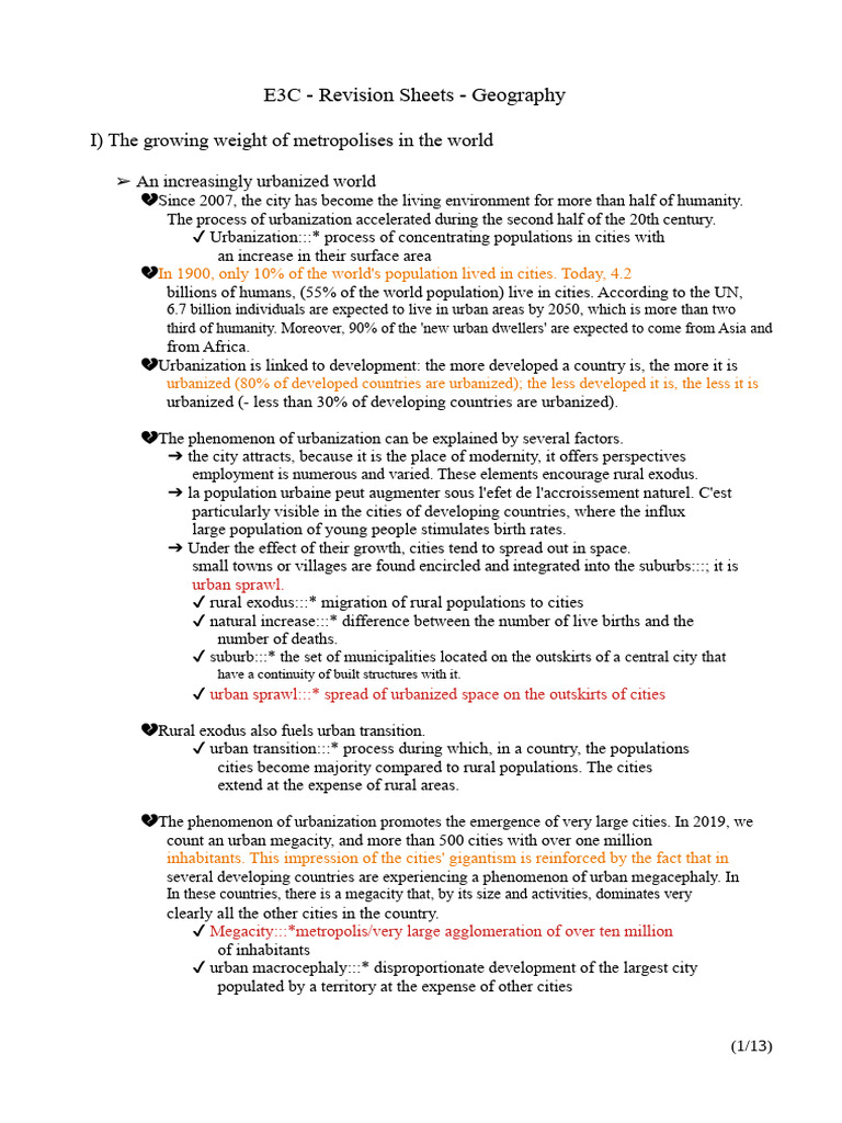 Revision Sheets - Geography | PDF | City | Urbanization