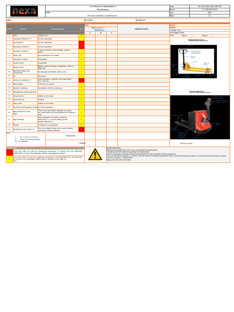 Pallet Truck Pre-Use Inspection Checklist | PDF | Vehicles | Vehicle ...