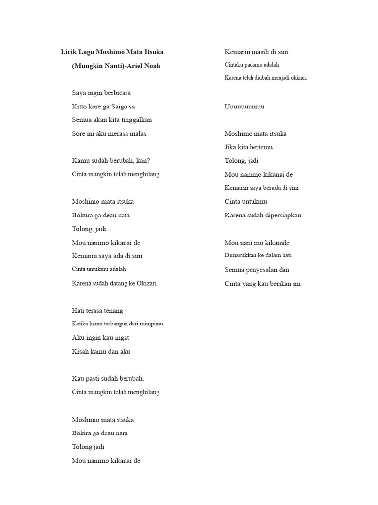 Lirik Lagu Moshimo Mata Itsuka - Ariel Noah | PDF