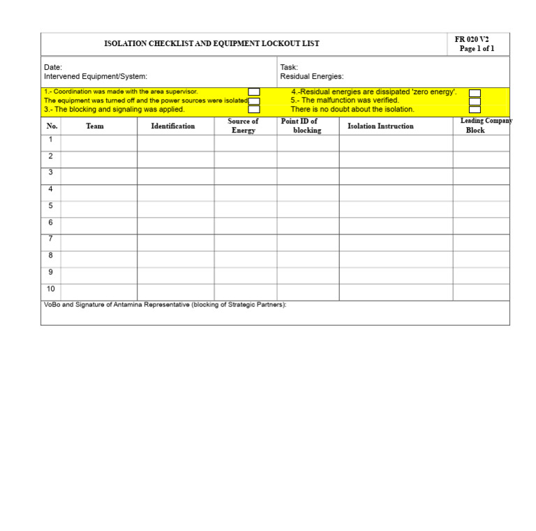 FR020 Isolation Check Sheet | PDF
