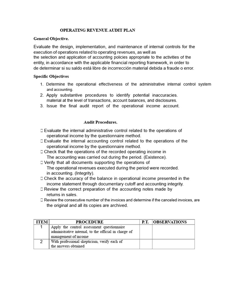 Operating Revenue Audit Plan | PDF | Audit | Internal Control
