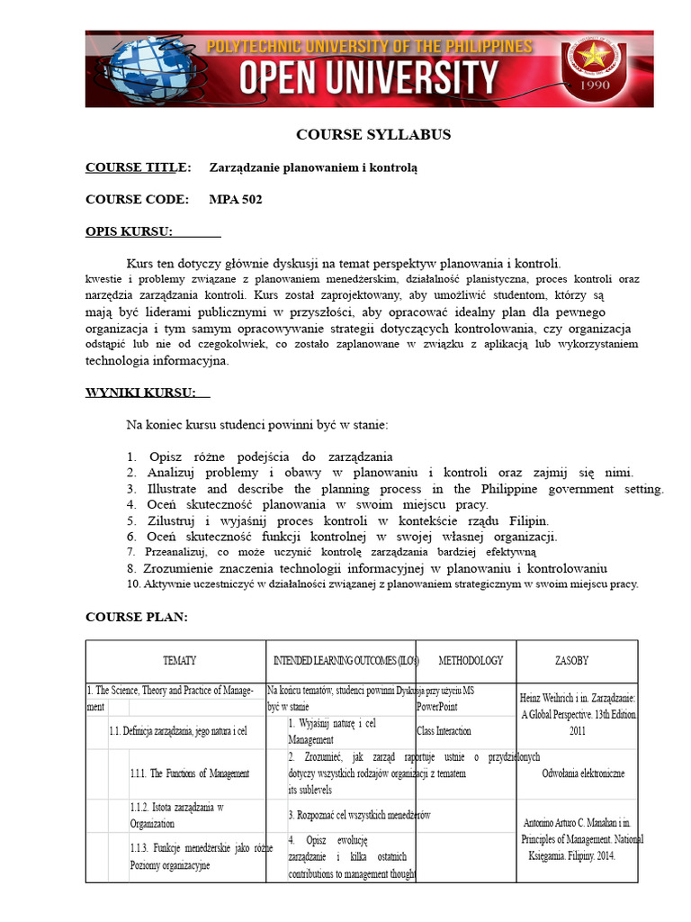 Obe Syllabus Mpa 502 Planowanie I Kontrola Zarządzania | PDF