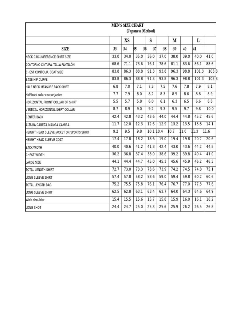 Men's Size Chart (Measurements in Centimeters) - Copy | PDF | Shirt ...