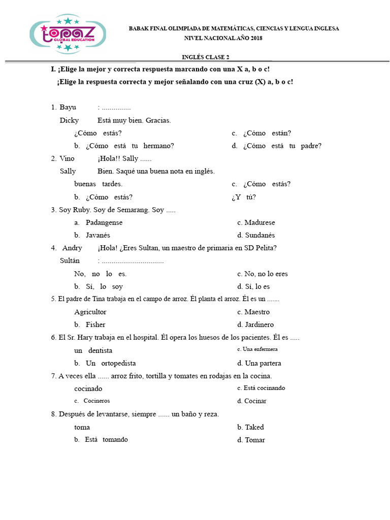 Preguntas de Inglés para Segundo Grado 2018 | PDF