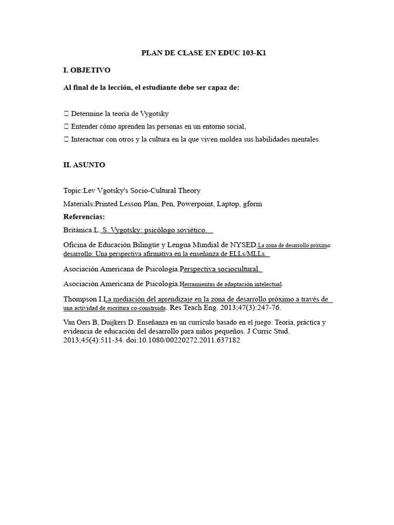 Plan de Lección Detallado en Educ 103 | PDF | Aprendizaje | Sicología