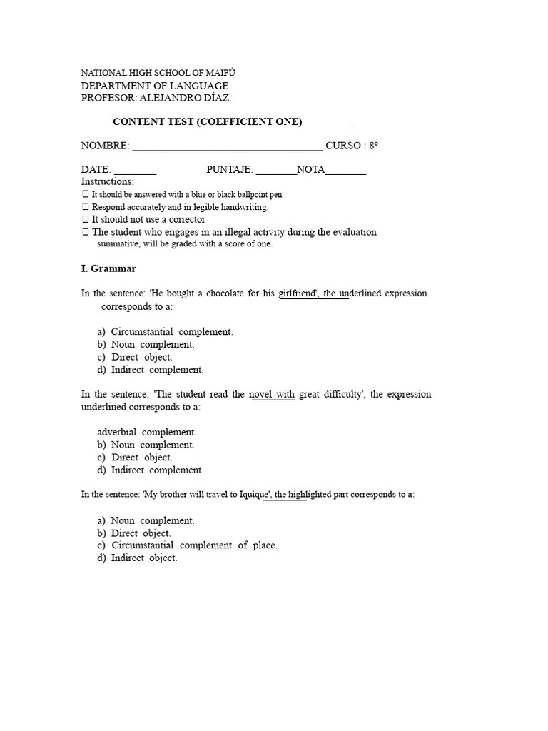 Eighth Grade Language Test | PDF | Predicate (Grammar) | Narration