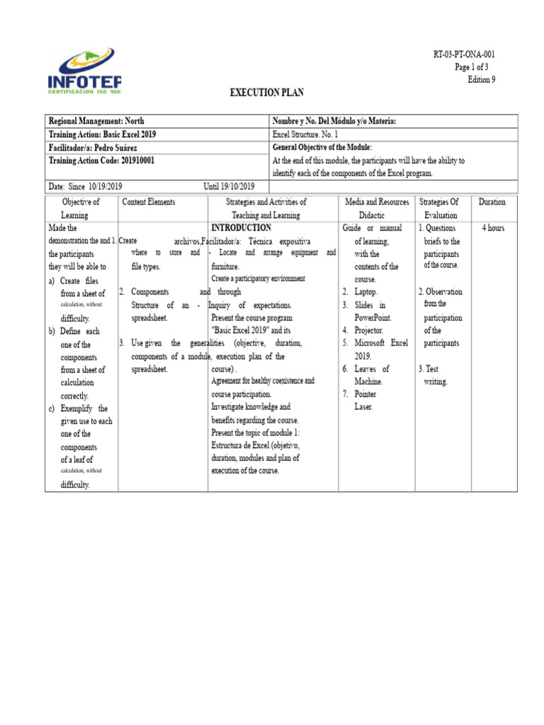 Execution Plan of The Module | PDF | Microsoft Excel | Learning