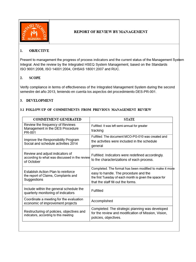 Management Review Report 2013 HSEQ System | PDF | Policy | Strategic ...