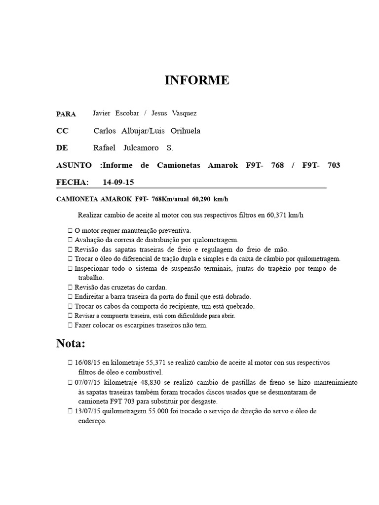 Manutenção de Camionetas Amarok F9T-768 e F9T-703 | PDF | Veículo ...