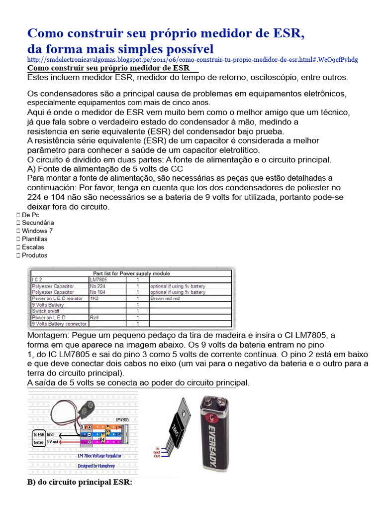 Como Montar um Medidor de ESR Simples | PDF | Rede elétrica | Capacitor