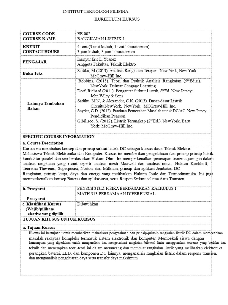 Kurikulum Rangkaian Listrik DC IT Filipina | PDF