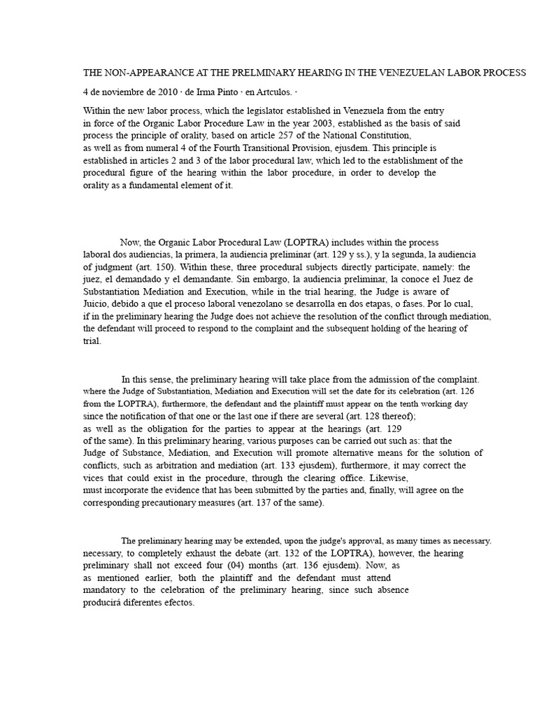 The Non-Appearance at The Preliminary Hearing in The Venezuelan Labor ...