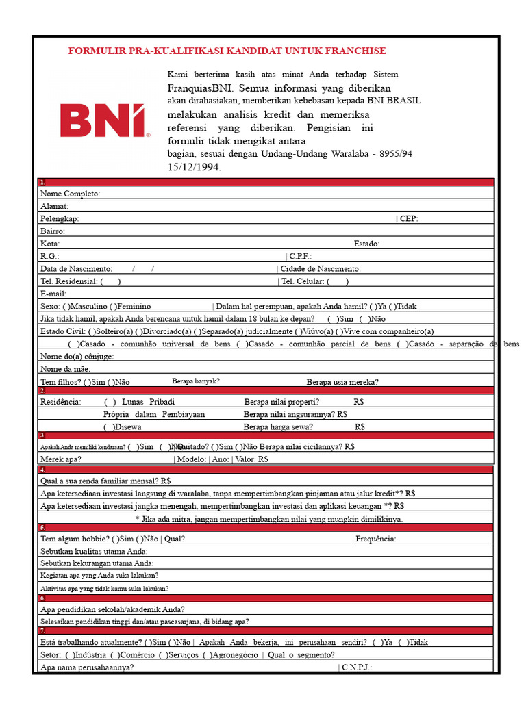 Formulir Franchise BNI | PDF