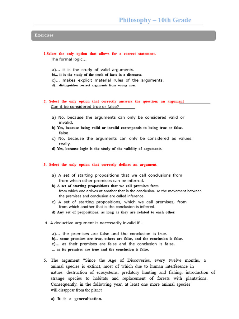 1- Logic exercises - 10th Grade | PDF | Argument | Logic