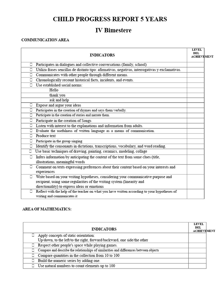 Child Progress Report: 5-Year Assessment | PDF | Communication | Learning