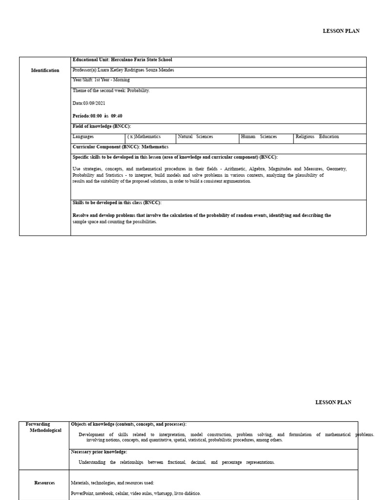 LESSON PLAN - MATHEMATICS - 6th Grade | PDF | Mathematics | Probability