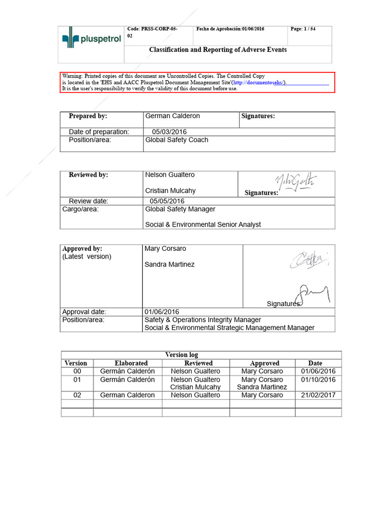 Classification and Reporting of Adverse Events PRSS-CORP-5-2 | PDF ...