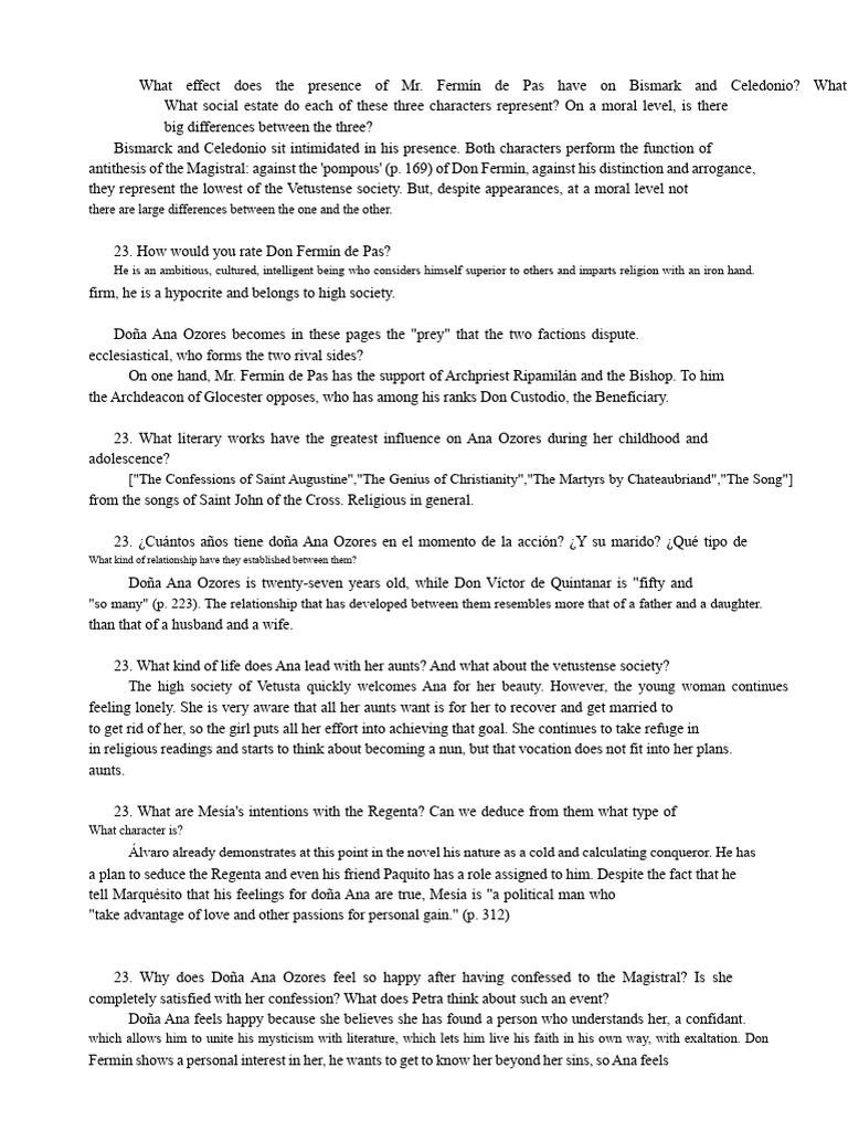 Question Battery Exam La Regenta With Solutions | PDF