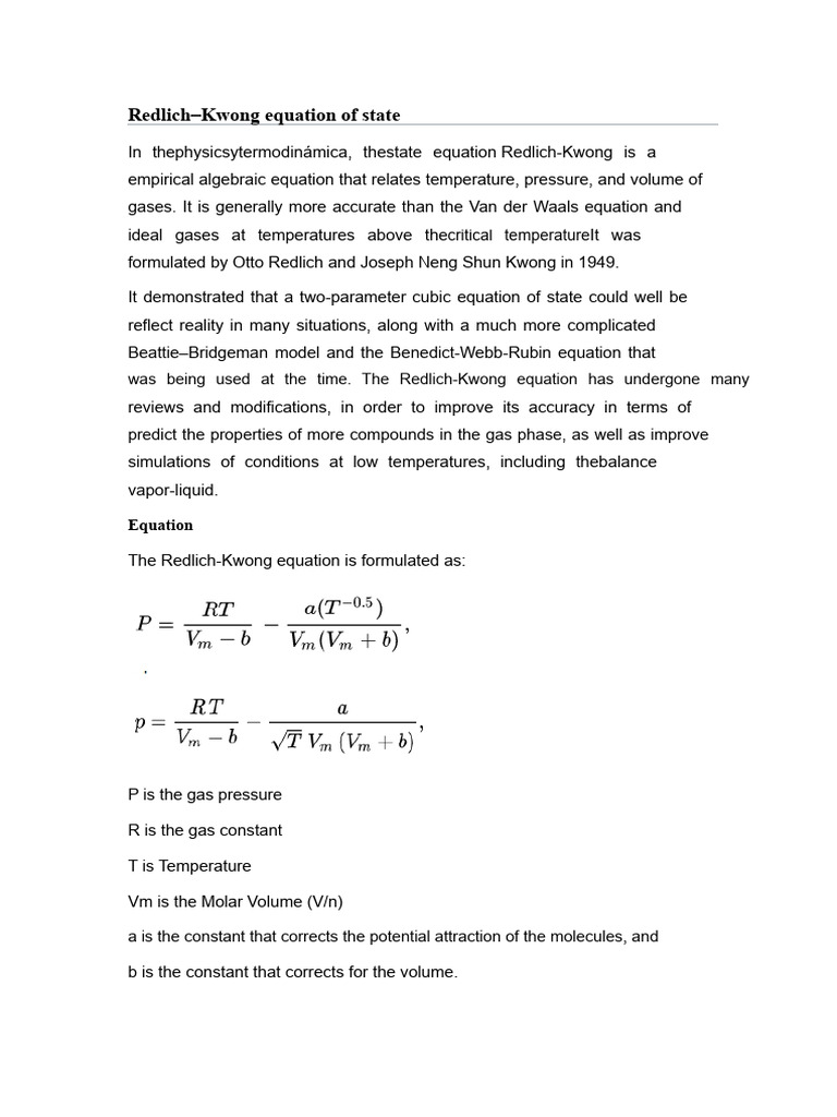 Redlich–Kwong equation of state | PDF | Physical Phenomena | Mathematical Physics