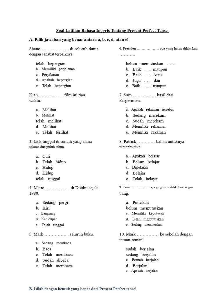 Soal Latihan Bahasa Inggris Tentang Present Perfect Tense | PDF