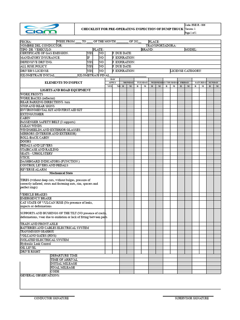 Dump Truck Pre-Operation Checklist | PDF | Truck | Car Body Styles