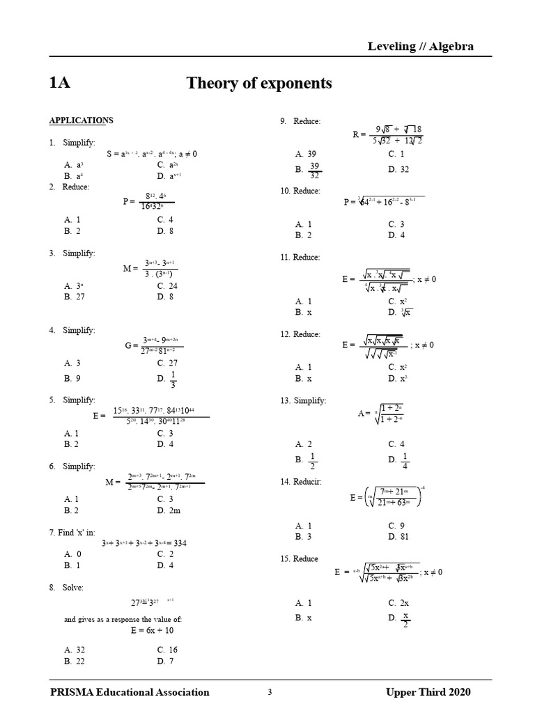 Alg - Level 1 Exercises Theory of Exponents | PDF | Polynomial | Algebra