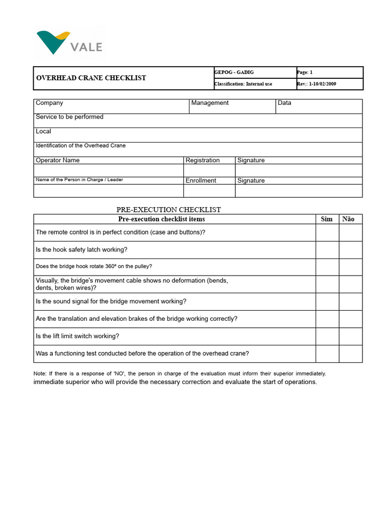 Overhead Crane Checklist Pdf