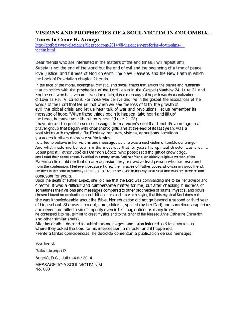 Visions and Prophecies of A Victim Soul in Colombia | PDF | Heaven ...