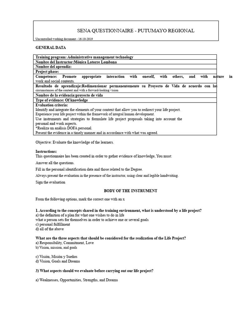 Life Project Questionnaire | PDF | Behavior Modification | Cognitive ...