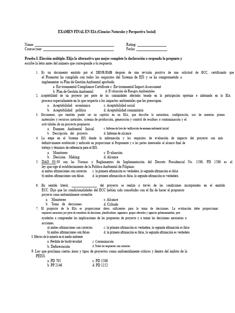 EXAMEN FINAL EN EIA | PDF | Evaluación de impacto ambiental | Entorno natural