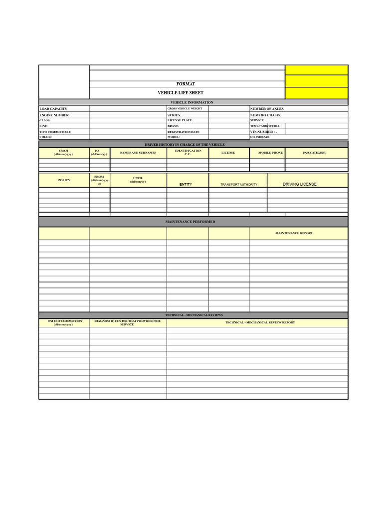 Vehicle Life Sheet and Maintenance Log | PDF