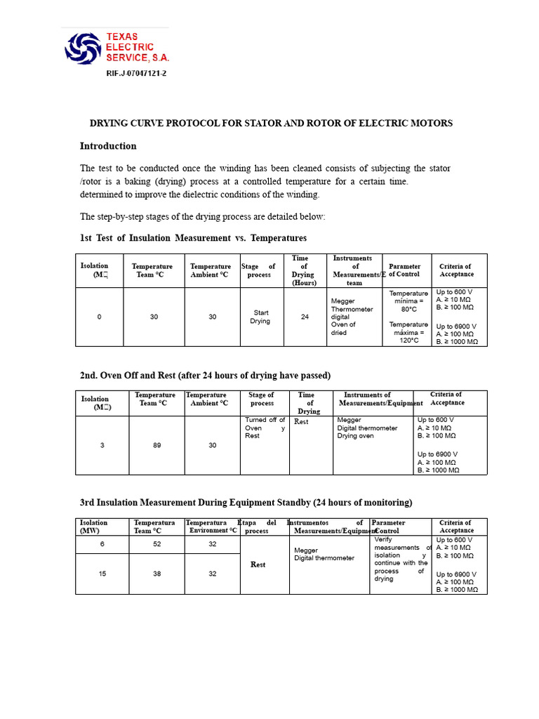 Drying Curve Protocol For Stators and Rotors of Electric Motors | PDF ...