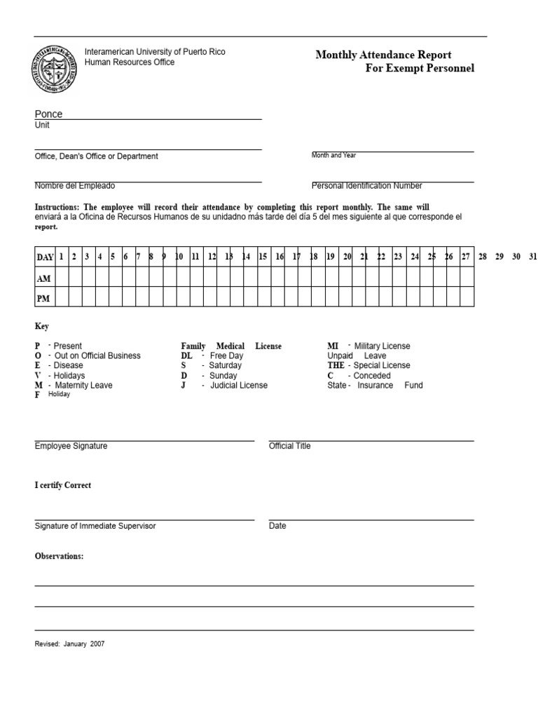 Monthly Attendance Report For Exempt Personnel | PDF