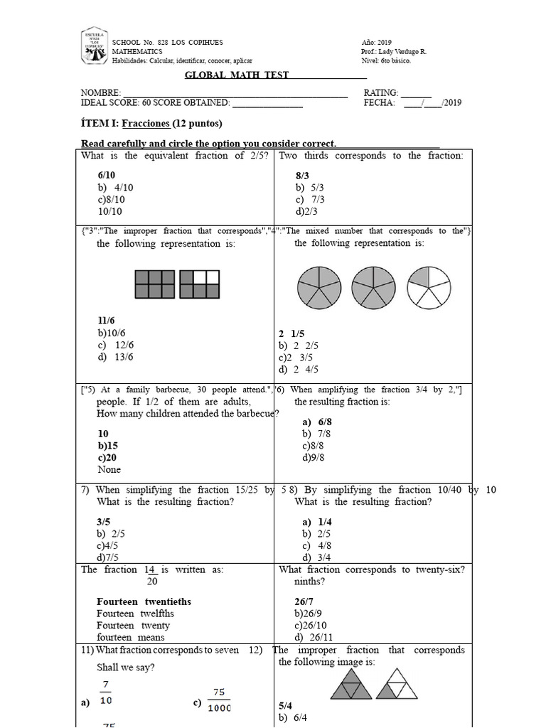 6th Grade Math Test - School 828 | PDF | Numbers | Number Theory