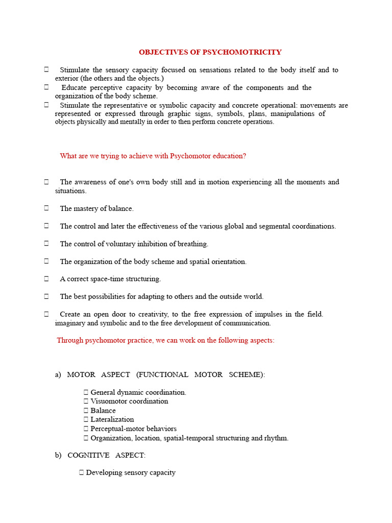The Objectives of Psychomotricity | PDF | Perception | Neuroscience