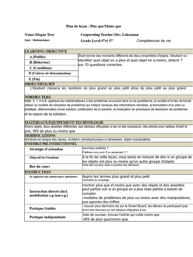 Leçon sur Plus que/Moins que en Mathématiques | PDF | Mathématiques
