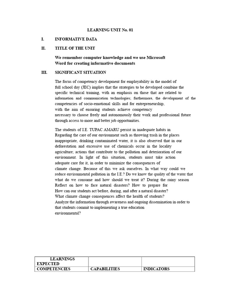 LEARNING UNIT fourth grade.docx | PDF | Microsoft Word | Computing