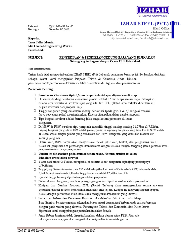 Chenab Engineering Works, Proposal PEB untuk Aula Serbaguna Rev 00 | PDF