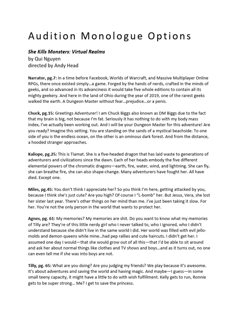Audition Monologues for She Kills Monsters | PDF | Role Playing Games