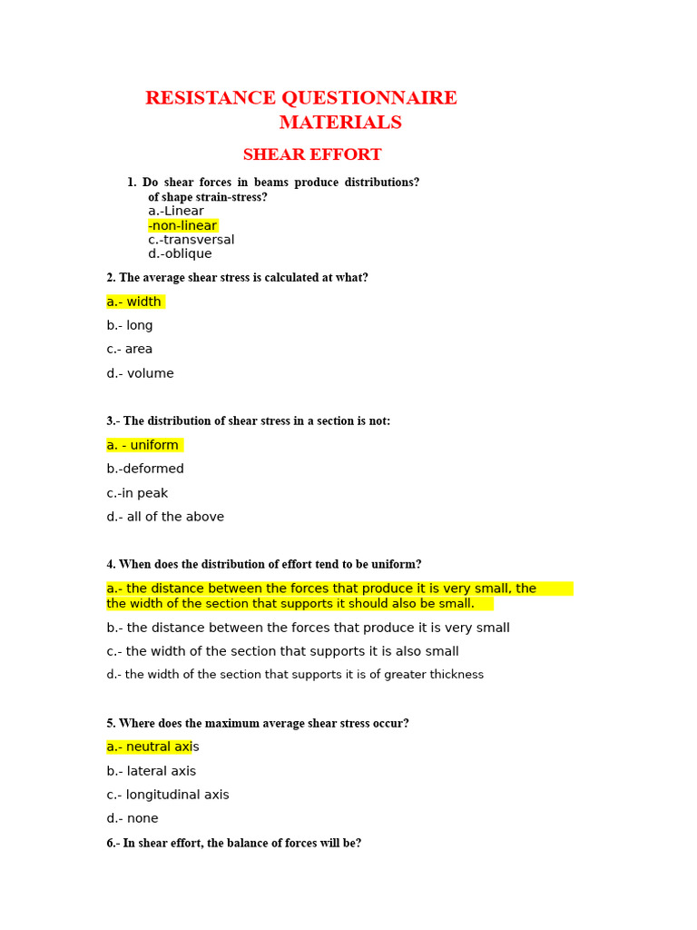 Materials Resistance Questionnaire | PDF | Bending | Stress (Mechanics)