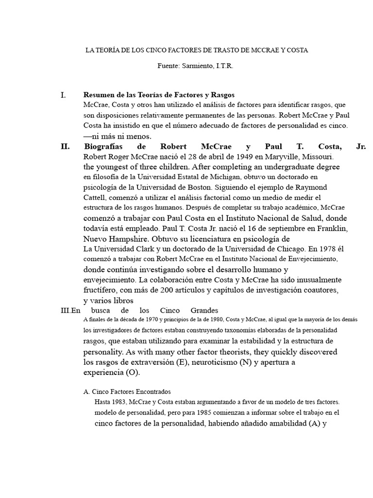 Teoría de los Cinco Factores de McCrae y Costa | PDF | Teorías ...